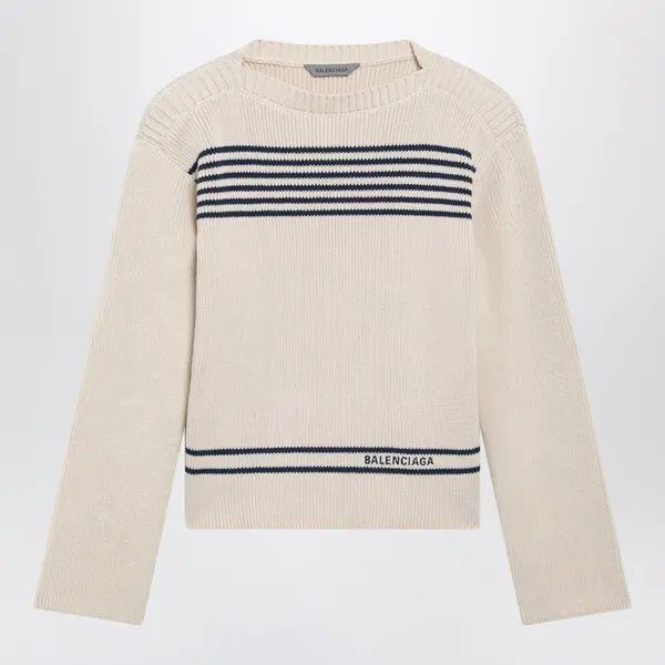 Balenciaga Boat-neck Ribbed Cotton Sweater In Navy/white - Blue