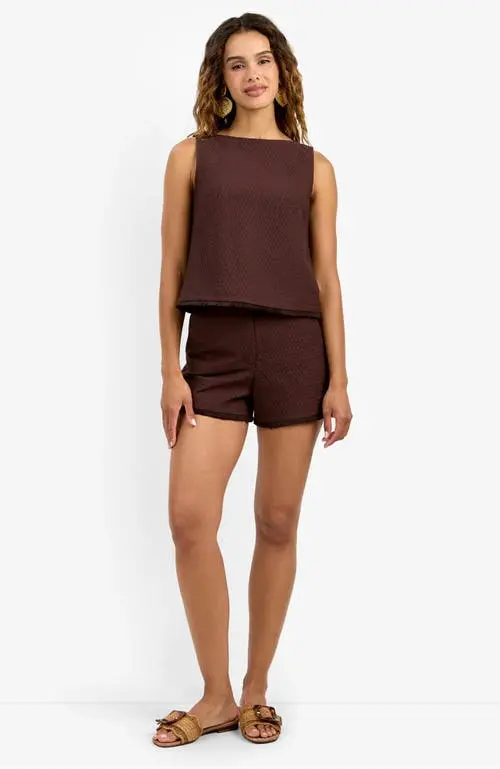 Trina Turk Sleeveless Structured Woven Jacquard Tank Top With Fringe Hem - Carob