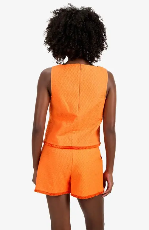 Trina Turk Sleeveless Textured Jacquard Top With Fringe Hem