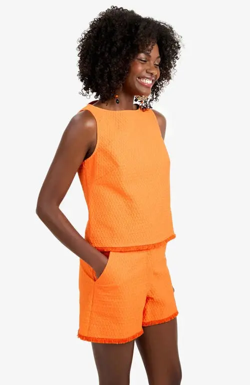 Trina Turk Sleeveless Textured Jacquard Top With Fringe Hem