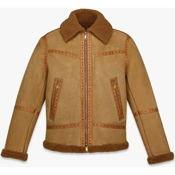 Mcm Jacket In Suede Shearling And Monogram Print Leather - Cognac