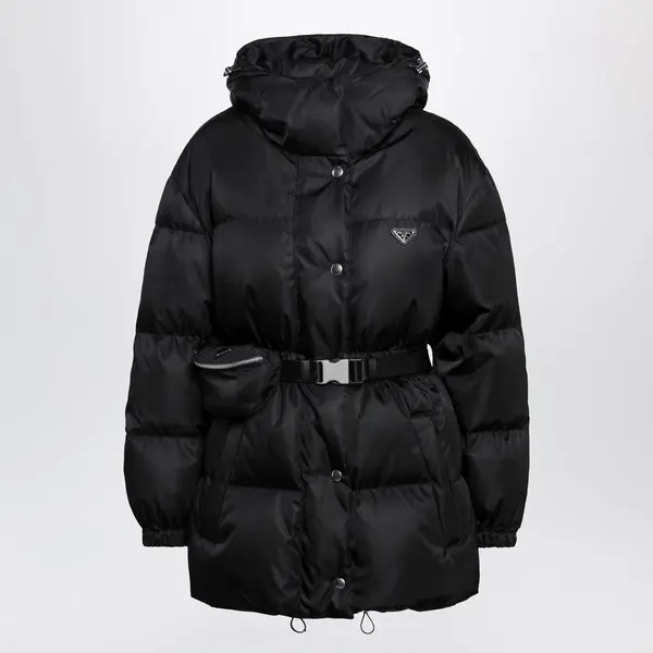 Prada Re-nylon Hooded Padded Jacket With Belt And Pouch - Black