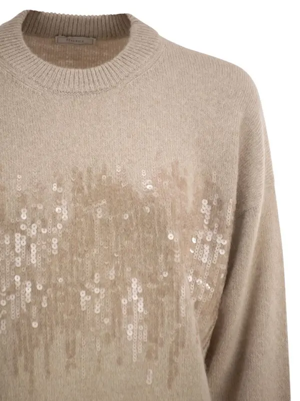 Peserico Crew Neck Alpaca Blend Jumper With Sequins - Cream