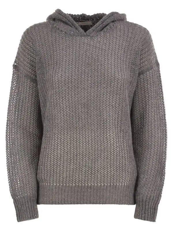 Peserico Hooded Open-knit Jumper With Sequins - Gray