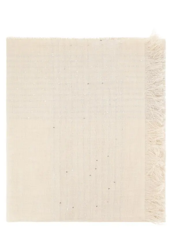 Peserico Virgin Wool Scarf With Check Pattern, Sequins And Lurex Details - Cream