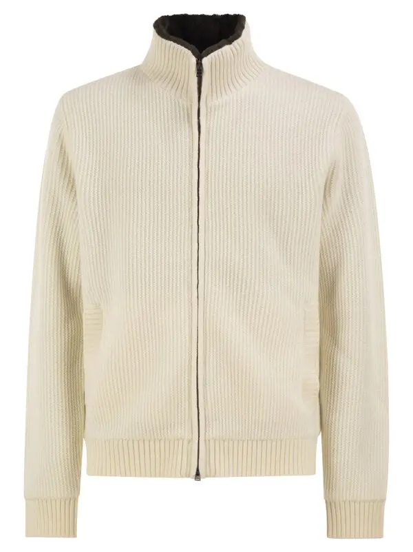 Herno Pure Wool Knit Jacket With High Collar And Faux Fur Lining