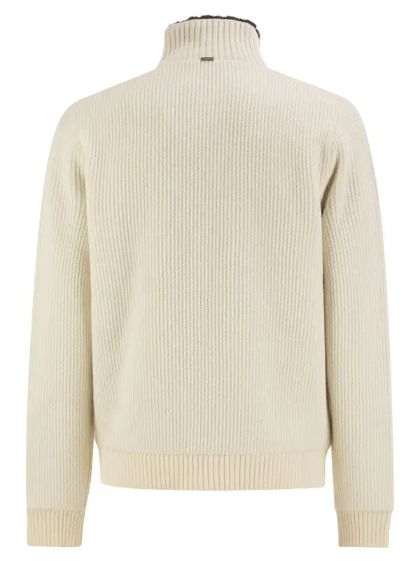 Herno Pure Wool Knit Jacket With High Collar And Faux Fur Lining
