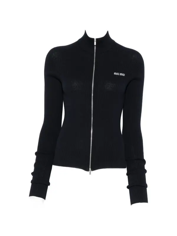 Miu Miu Ribbed Knit Zip-up Cardigan With Embroidered Logo - Multicolor