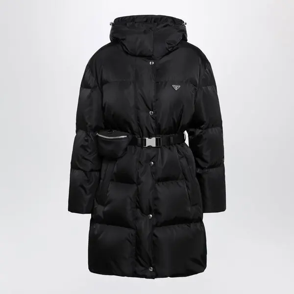 Prada Re-nylon Long Down Jacket With Belt Bag - Black