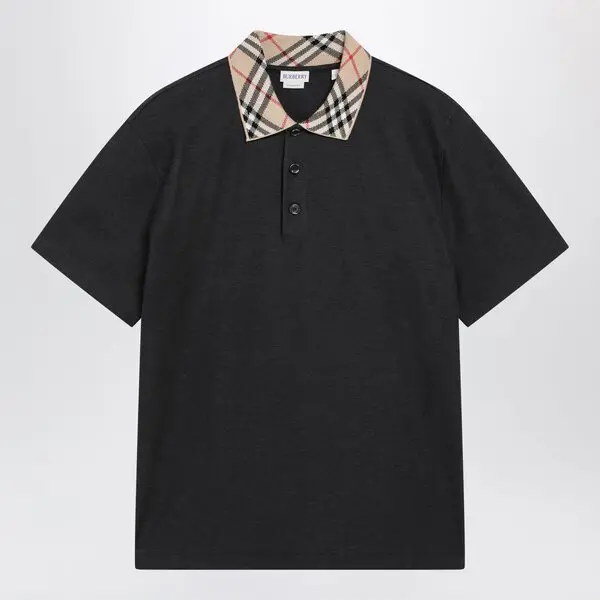 Burberry Dark Grey Polo Shirt With Check Collar - Gray