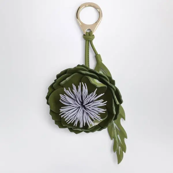 CHRISTIAN LOUBOUTIN Olive Green/lilac Leather Key Ring With A Floral Design - Multicolor