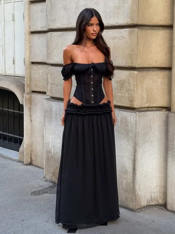 OUTCAST Off-the-shoulder Corset Top With Puff Sleeves And Lace Detail