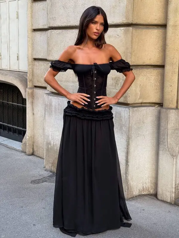 OUTCAST Off-the-shoulder Corset Top With Puff Sleeves And Lace Detail