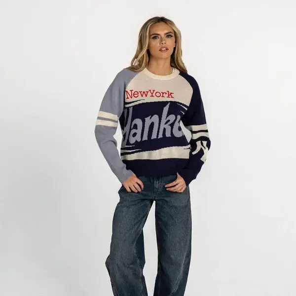 THE WILD COLLECTIVE Cream New York Yankees Boxy Jacquard Sweater - Navy
