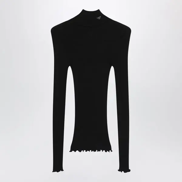 Prada Ribbed Cotton Turtleneck With Enamelled Triangle Logo - Black