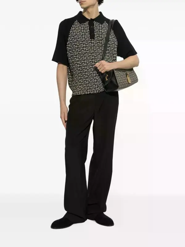 Balmain Monogram-pattern Raglan-sleeve Polo Shirt - Black