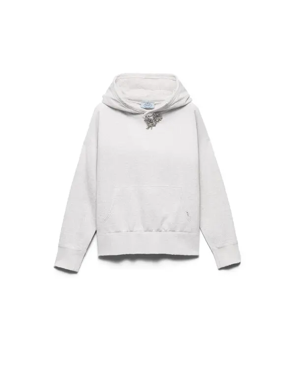 Prada Cotton Fleece Hoodie With Jewel Brooch - Grey