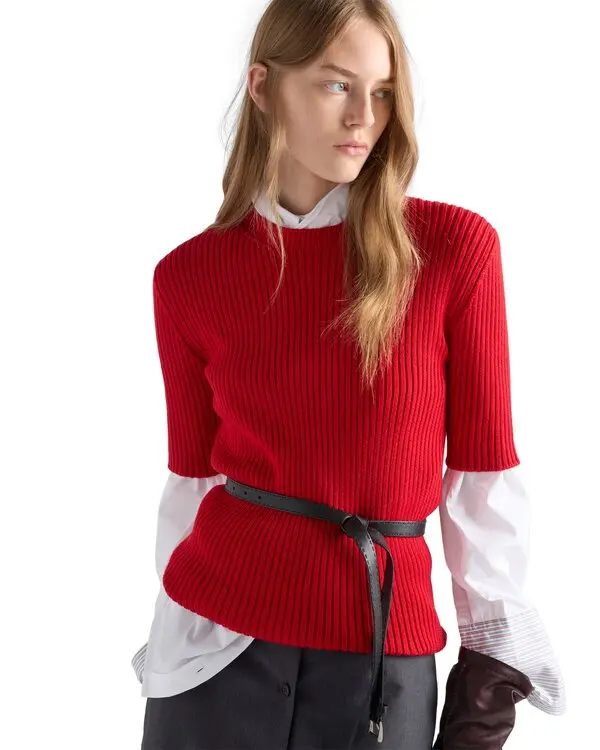 Prada Short-sleeved Ribbed Knit Wool Sweater