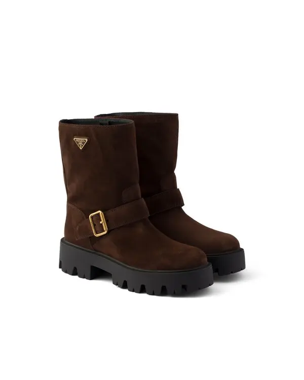 Prada Suede Buckled Boots - Brown