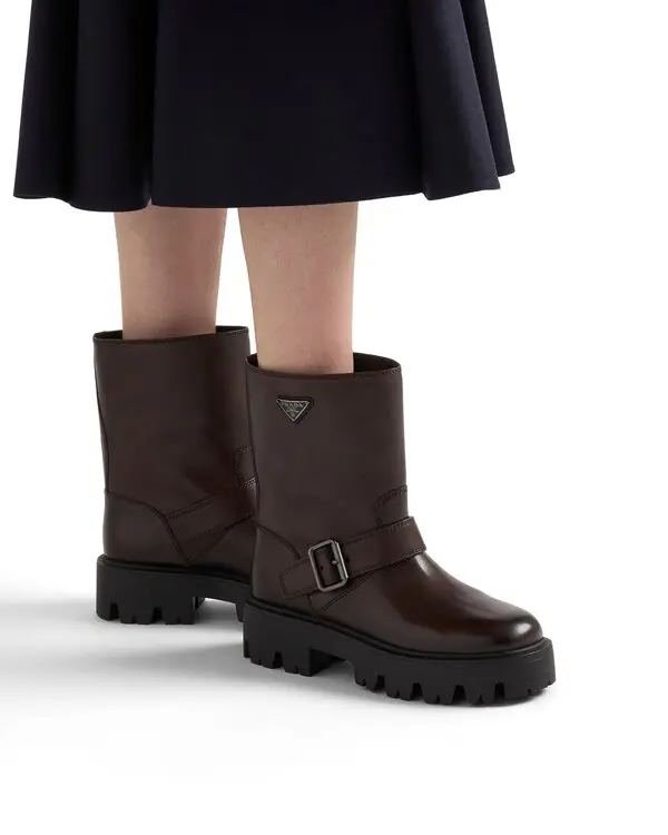 Prada Leather Mid-calf Buckled Boots - Brown