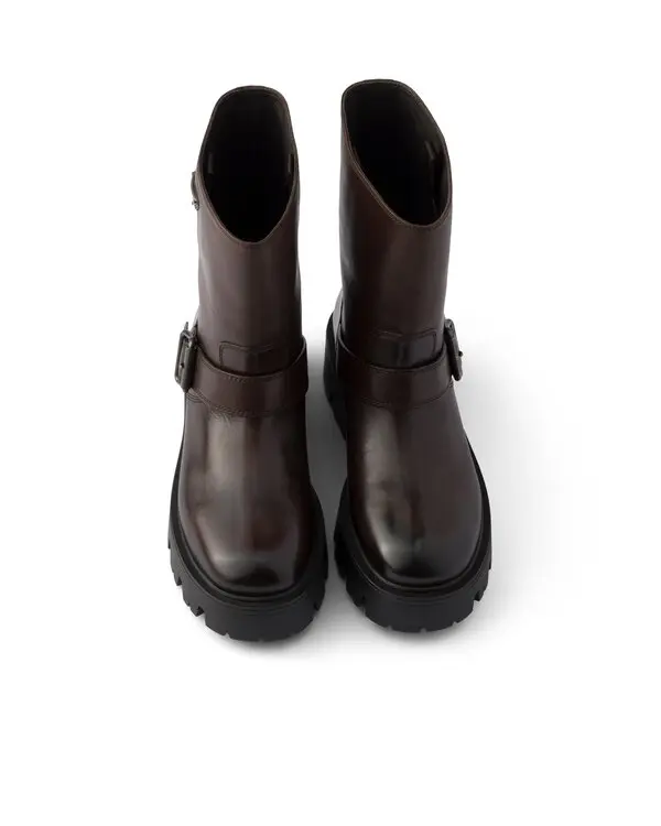 Prada Leather Mid-calf Buckled Boots - Brown