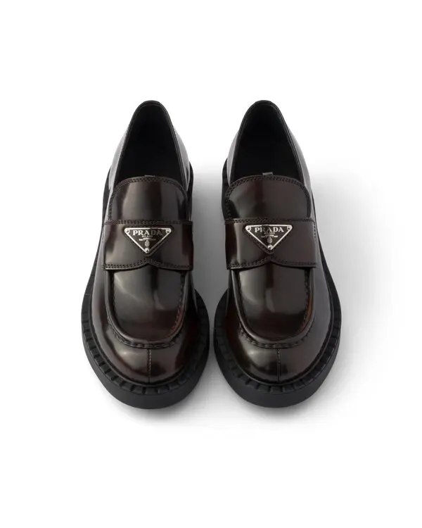Prada Chocolate Brushed Leather Loafers With Enameled Metal Triangle Logo