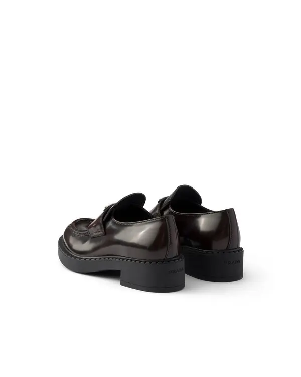 Prada Chocolate Brushed Leather Loafers With Enameled Metal Triangle Logo