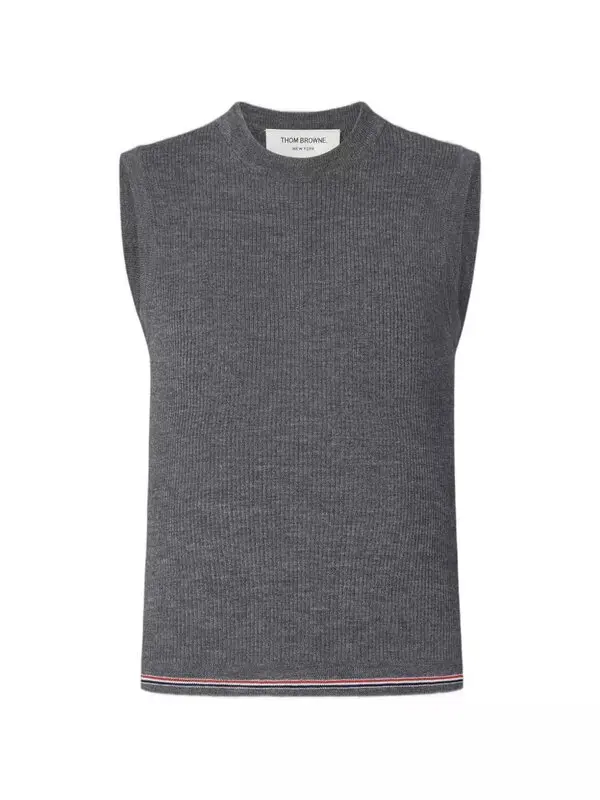 Thom Browne Ribbed Knit Sleeveless Crewneck Top With Rwb Stripe Detail - Grey