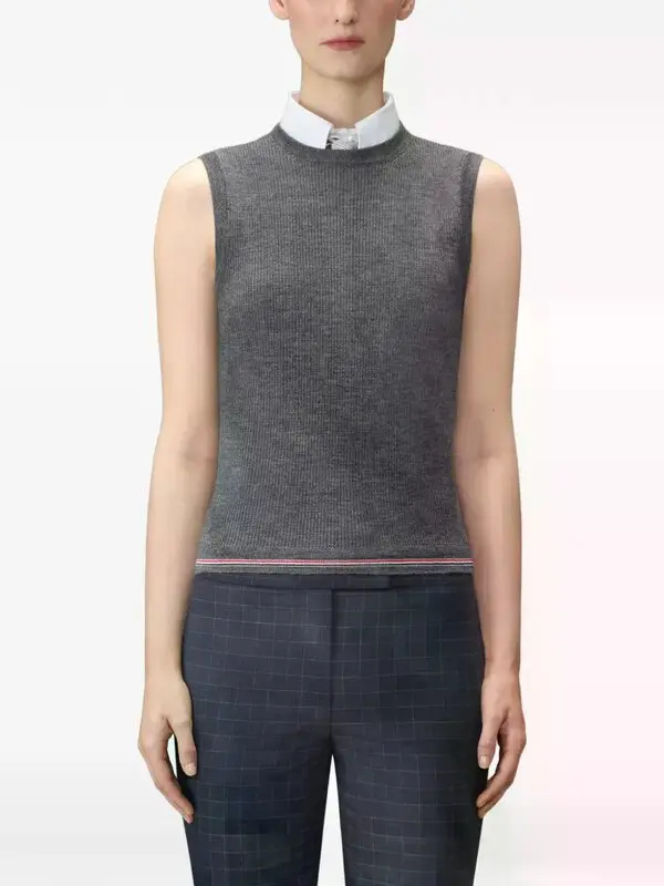 Thom Browne Ribbed Knit Sleeveless Crewneck Top With Rwb Stripe Detail - Grey