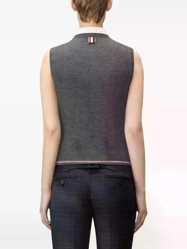 Thom Browne Ribbed Knit Sleeveless Crewneck Top With Rwb Stripe Detail - Grey