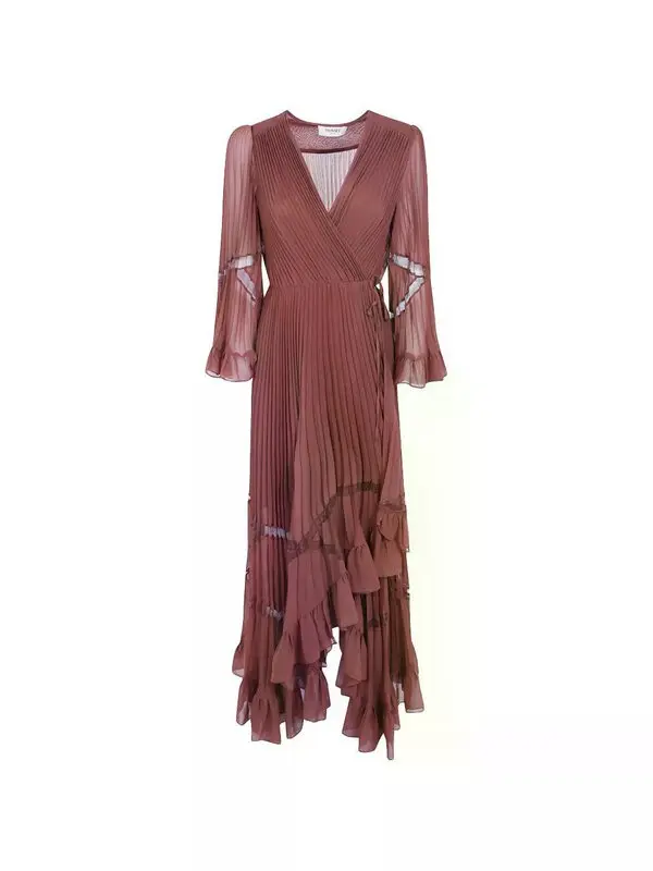 TWINSET Pleated Ruffled Midi Dress - Brown