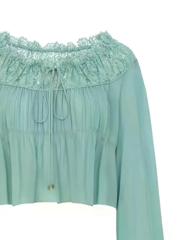 Chloé Cropped Silk Blouse With Lace Paneling - Blue