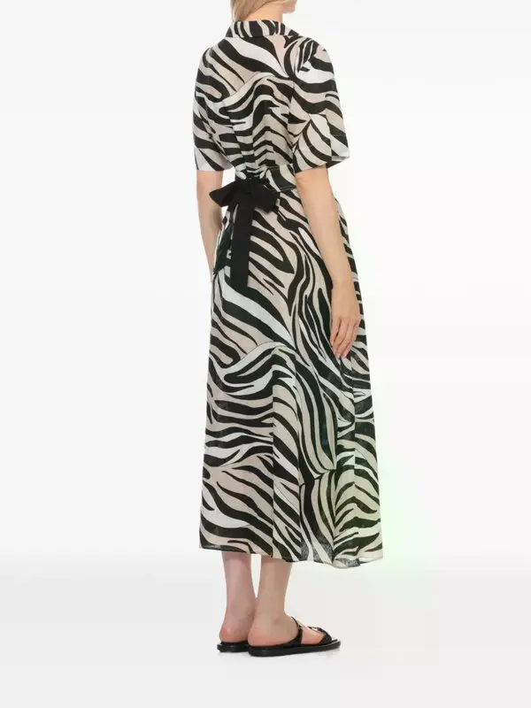Marella Zebra Print Linen Belted Midi Shirt Dress