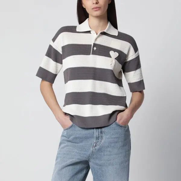 AMI Paris De Coeur Striped Cotton Knit Polo Shirt - White