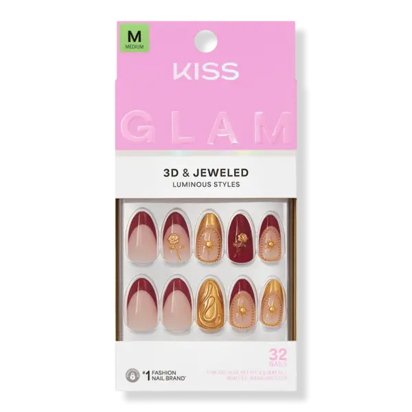 Kiss Glam Jeweled Medium Almond Press On Nails, Weekends - One-color