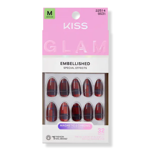 Kiss Glam Embellished Medium Almond Press On Nails, Mirror - One-color