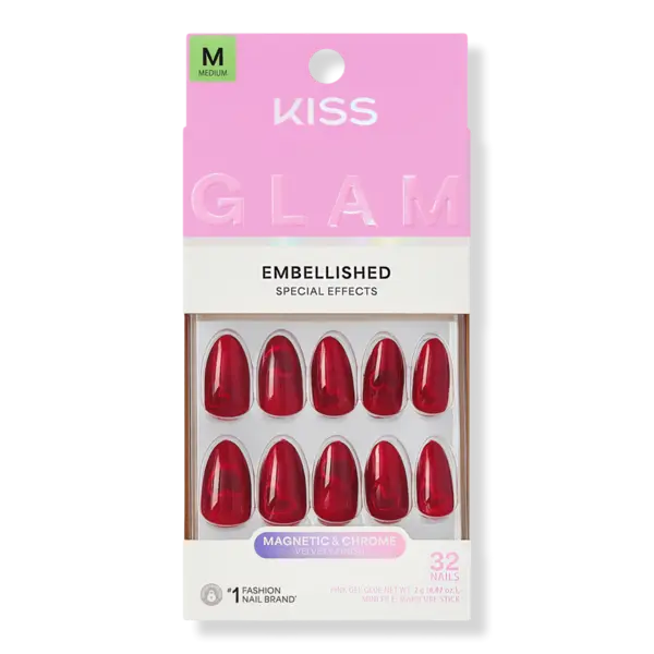 Kiss Glam Embellished Medium Almond Press On Nails, Famous - One-color