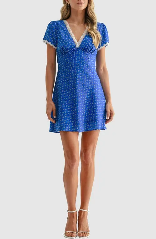 ALL IN FAVOR Lace Trim Minidress - Blue Ditsy