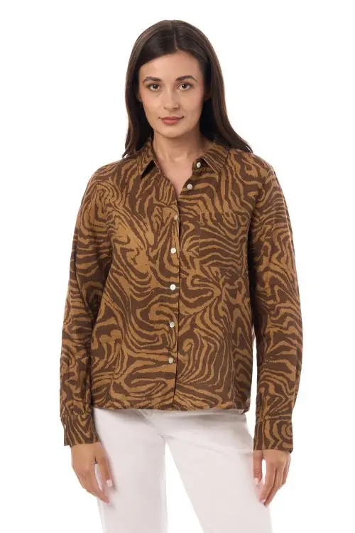Equipment One Pocket Long Sleeve Linen Shirt - Brown Zebra