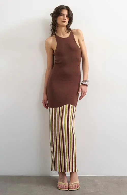 Topshop Stripe Hem Knit Halter Maxi Dress - Brown