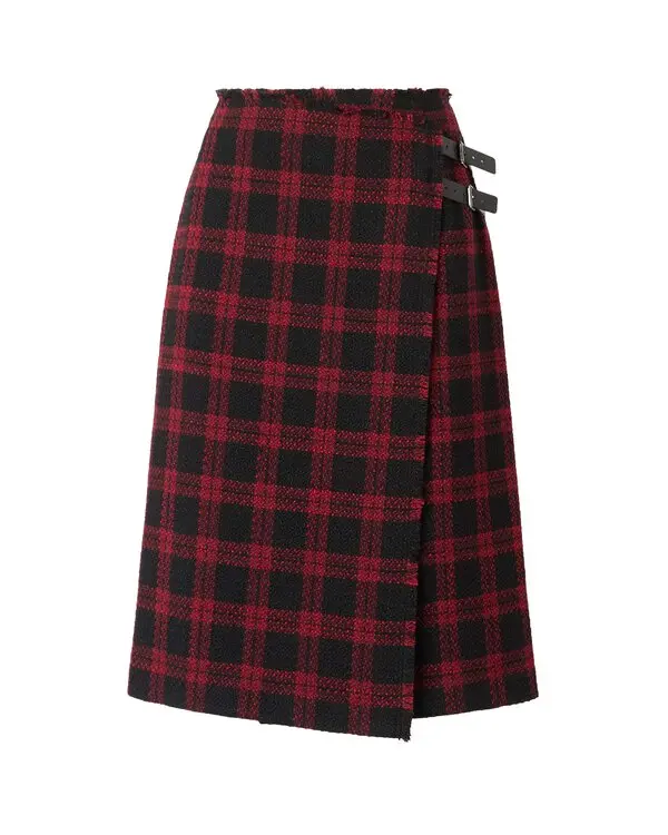 Pinko Plaid Wrap Midi Skirt With Buckle Closures - Nero/rosso