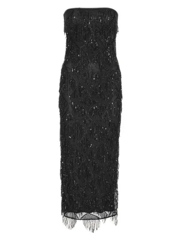 ROTATE BY BIRGER CHRISTENSEN Sequin Beaded Fringe Midi Tube Dress - Nero