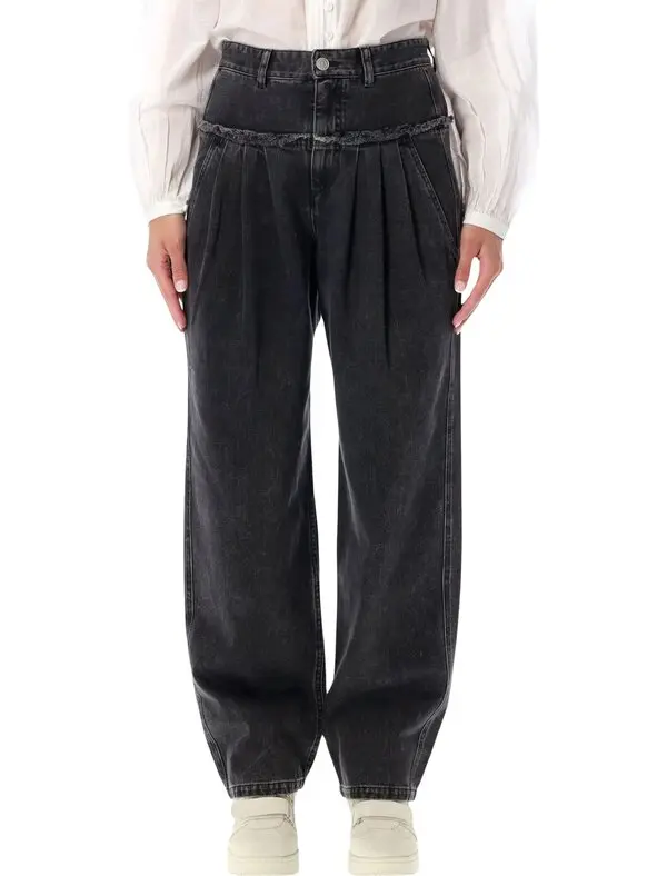 MARANT ETOILE Iniza Wide-leg Pleated Denim Jeans With Fringed Waist Yoke - Faded Black