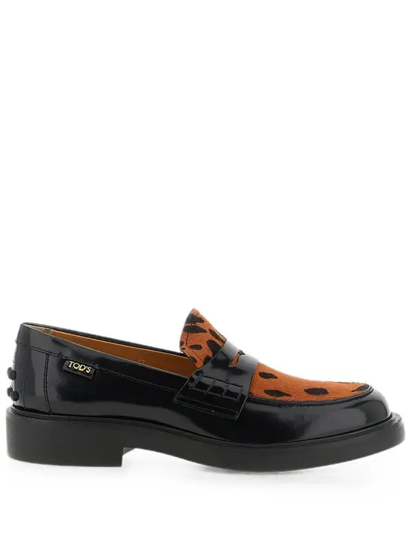 TOD'S Calf Leather Loafers With Leopard Print Panel - Black
