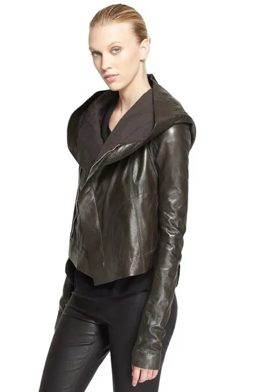 Rick Owens Lambskin Leather Hooded Biker Jacket - Dark Dust