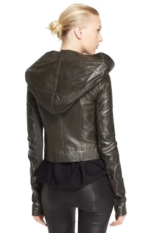 Rick Owens Lambskin Leather Hooded Biker Jacket