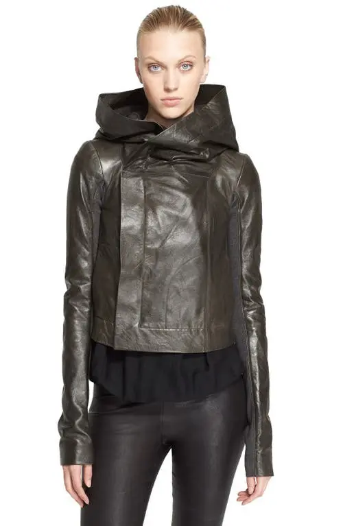 Rick Owens Lambskin Leather Hooded Biker Jacket
