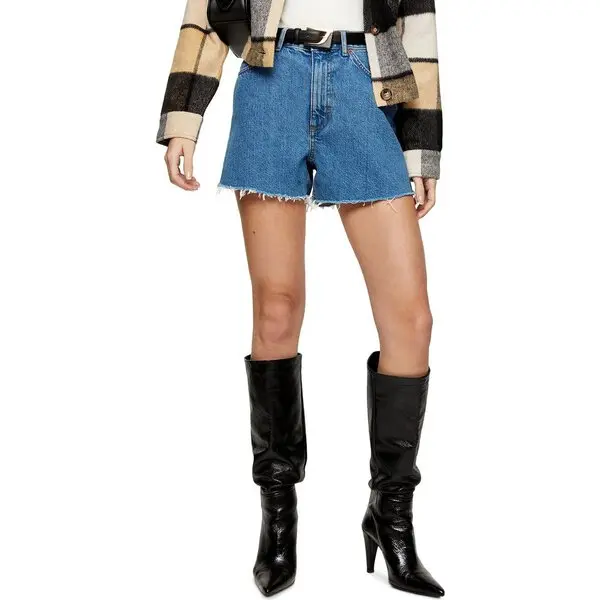 Topshop A-line Ripped Denim Shorts - Mid Denim