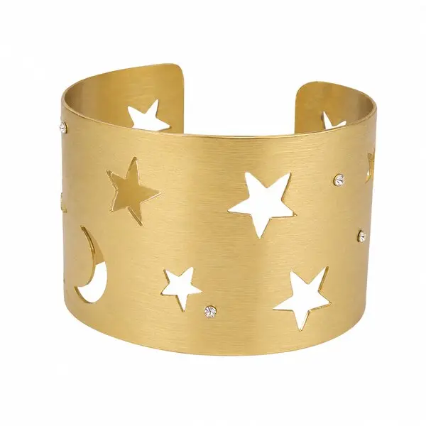 RARE MATTERS JEWELRY Celestial Star & Moon Cut-out Cuff Bracelet With Rhinestones - Gold
