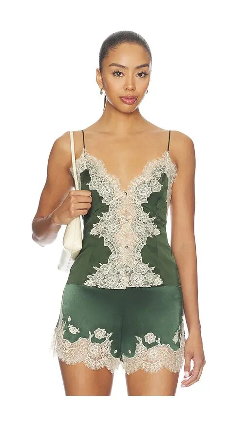 Alice + Olivia Julietta Cutaway Lace Slip Top In Green - Dark Fern